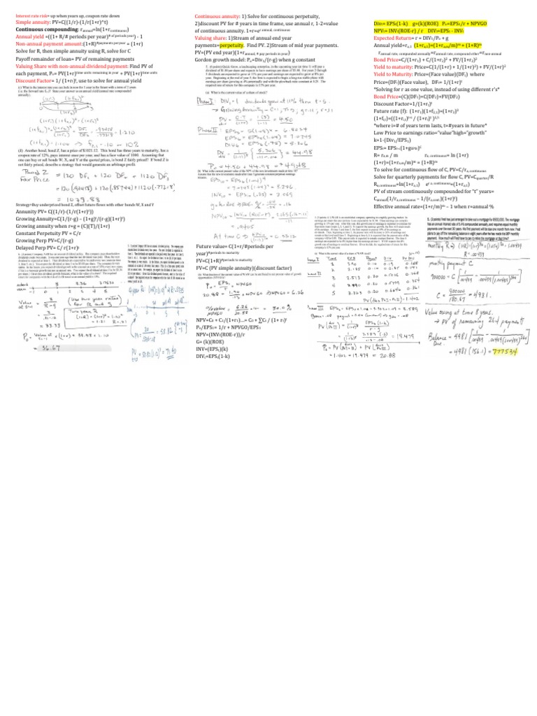 FNCE Cheat Sheet Midterm 1 | PDF | Discounting | Yield (Finance)