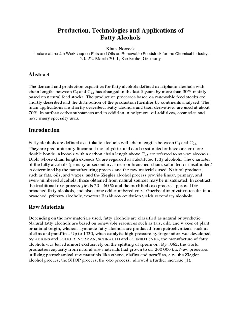 Fatty Alcohols: Production & Applications | PDF | Ester | Alcohol