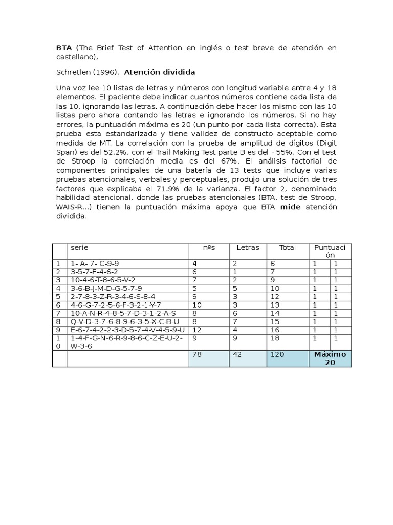 Test Breve de Atención (BTA) | PDF