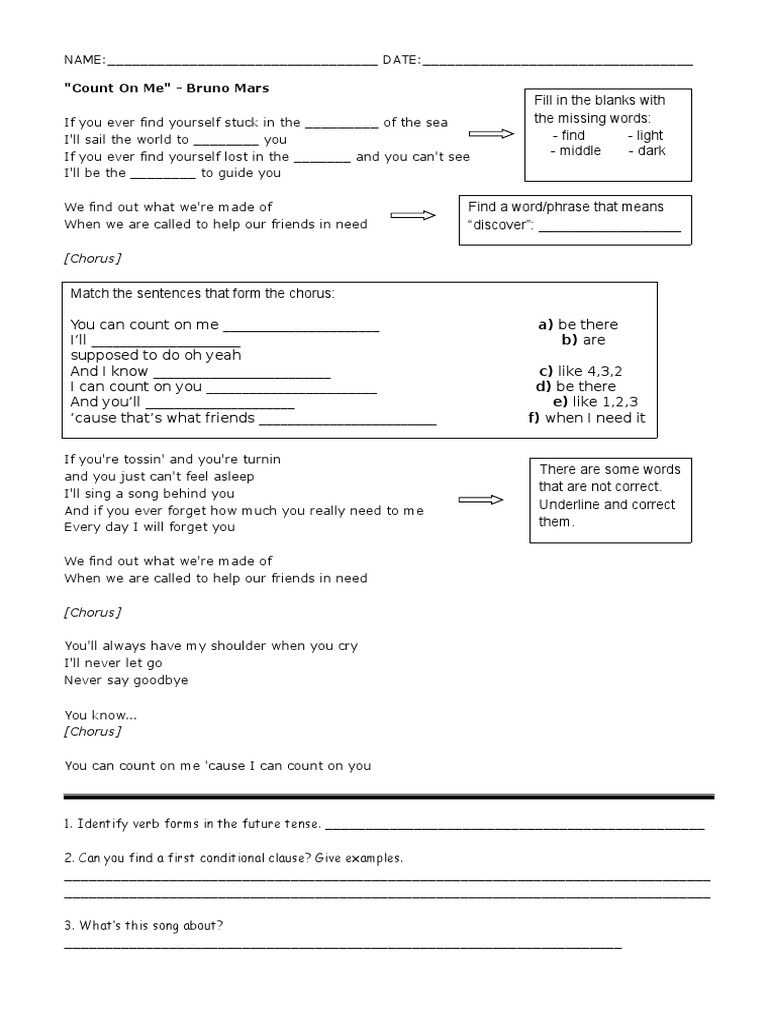 "Count On Me" Song Analysis and Exercises | PDF