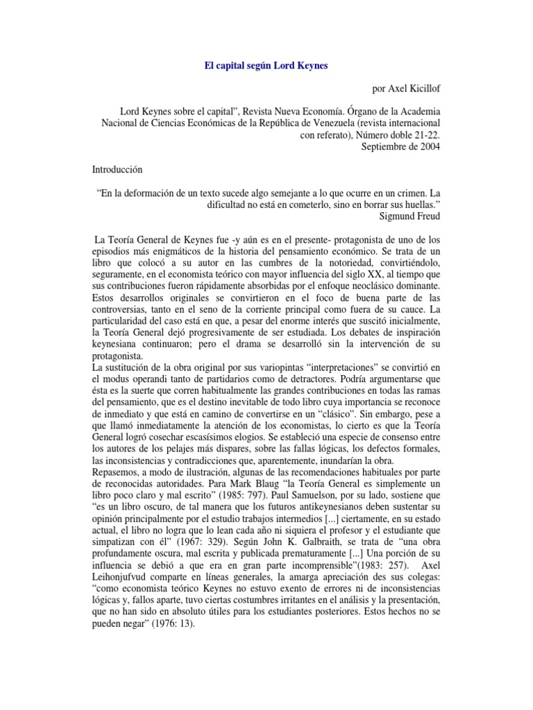 Análisis del Capital en Keynes | PDF | Capital (economía) | John ...