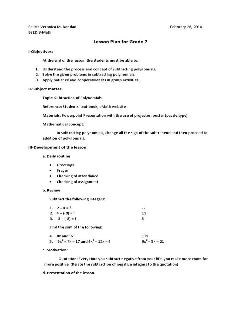 Subtracting Polynomials Lesson Plan | PDF | Subtraction | Polynomial
