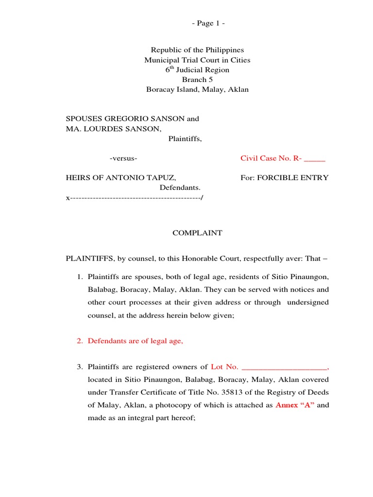 Sample Forcible Entry Complaint | PDF | Lawsuit | Complaint