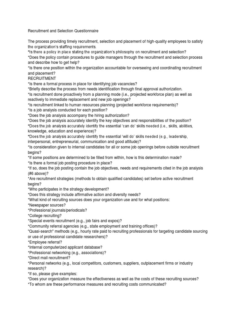 Recruitment and Selection Questionnaire | PDF | Recruitment | Interview