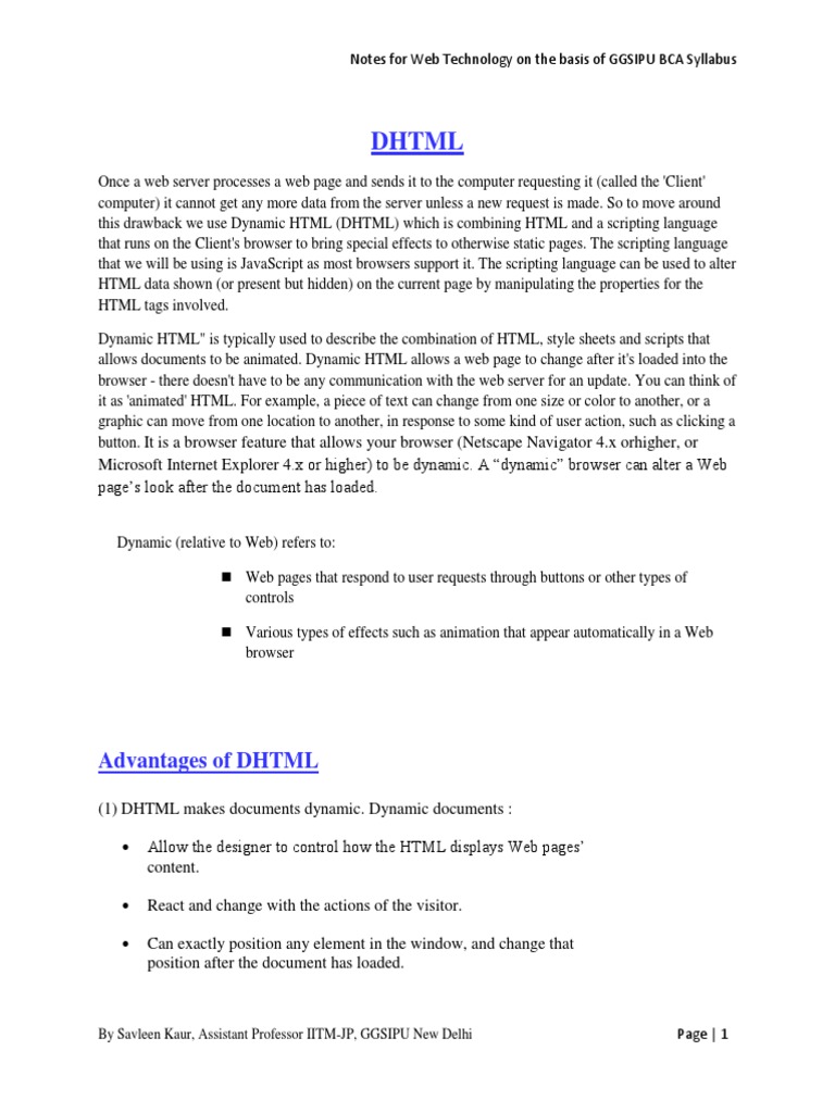 DHTML Notes | Download Free PDF | Dynamic Html | Document Object Model