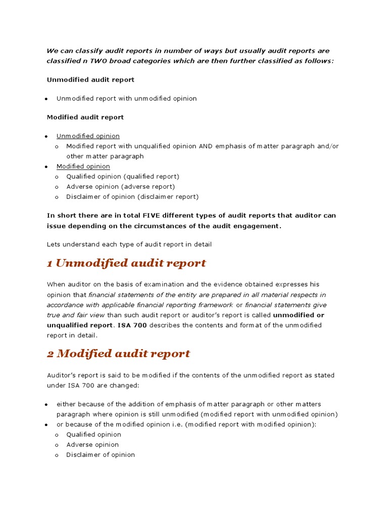 We Can Classify Audit Reports in Number of Ways But Usually Audit ...