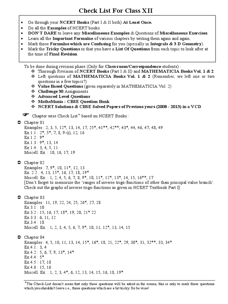 Mathematics Check List of Important Qs Class 12 | PDF | Cognition ...