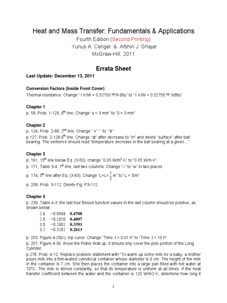 Heat and Mass Transfer: Fundamentals & Applications: Errata Sheet ...