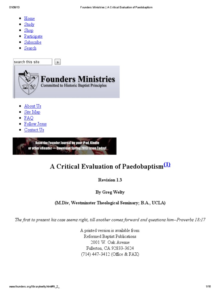 A Critical Evaluation of Paedobaptism - Greg Welty PDF | PDF | Covenant ...