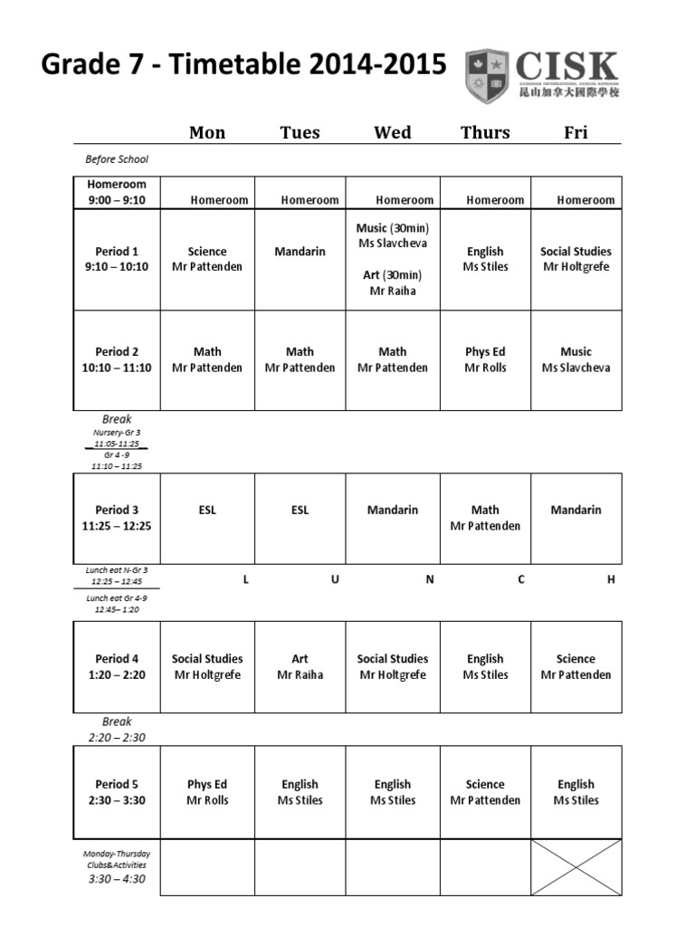Grade 7 Timetable 2014-2015 | PDF | Language Arts & Discipline