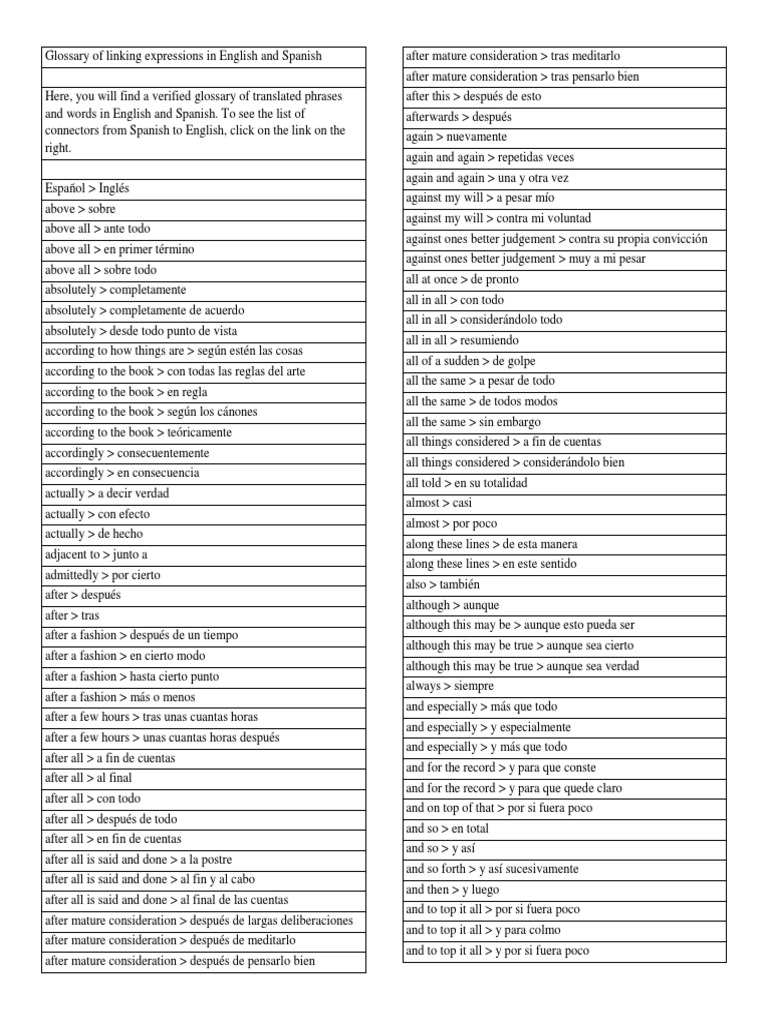 Glossary of Linking Expressions in English and Spanish PDF | PDF