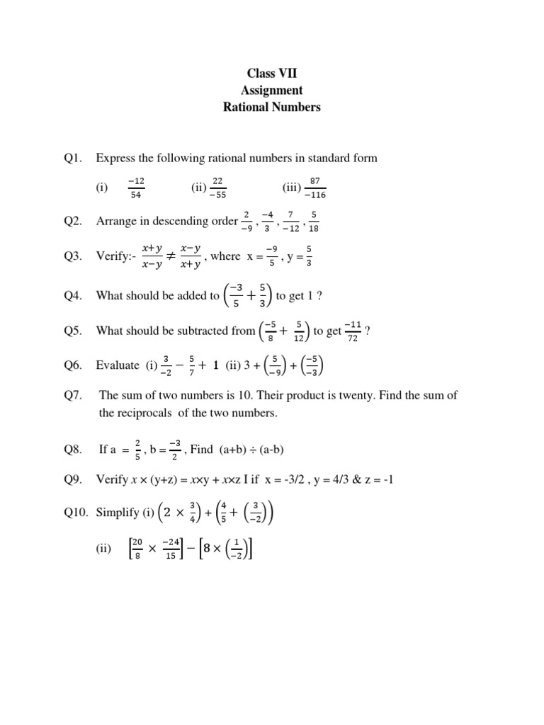 Class VII Rational Numbers Assignment | PDF | Teaching Methods & Materials