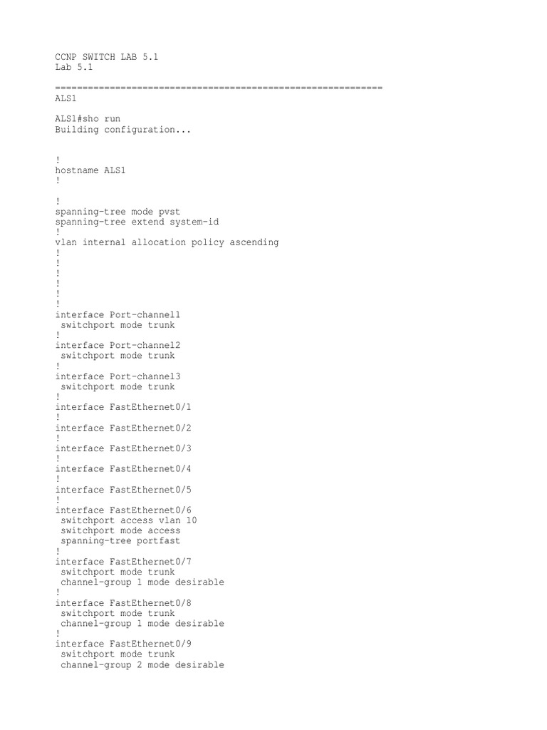 CCNP Switch Lab 5.1 Als1 Als2 Dls1 Dls2 Configs | PDF | Ip Address | Internet Protocols