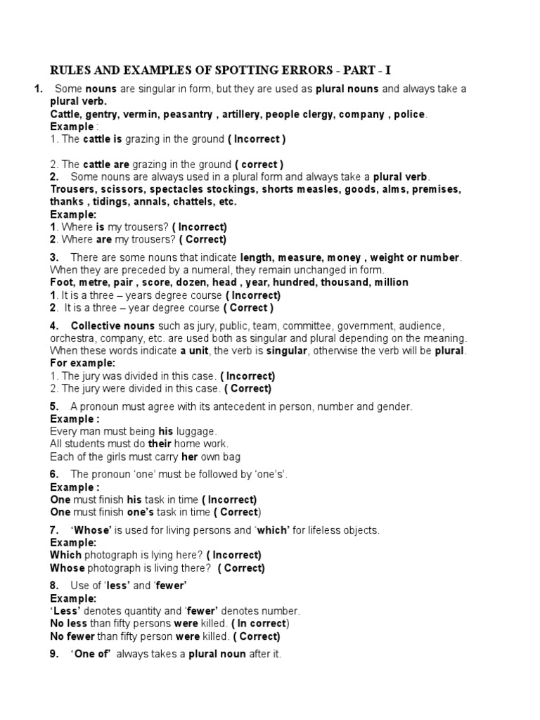 Rules and Examples of Spotting Errors | PDF | Grammatical Number | Plural