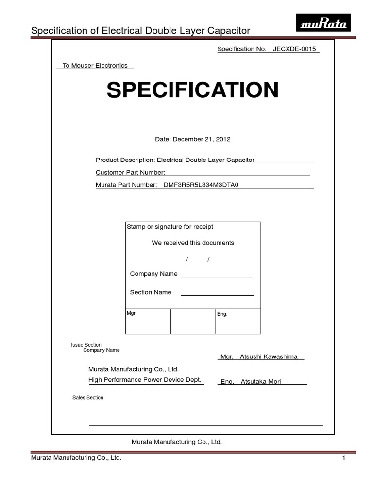 Specification: Specification of Electrical Double Layer Capacitor | PDF ...