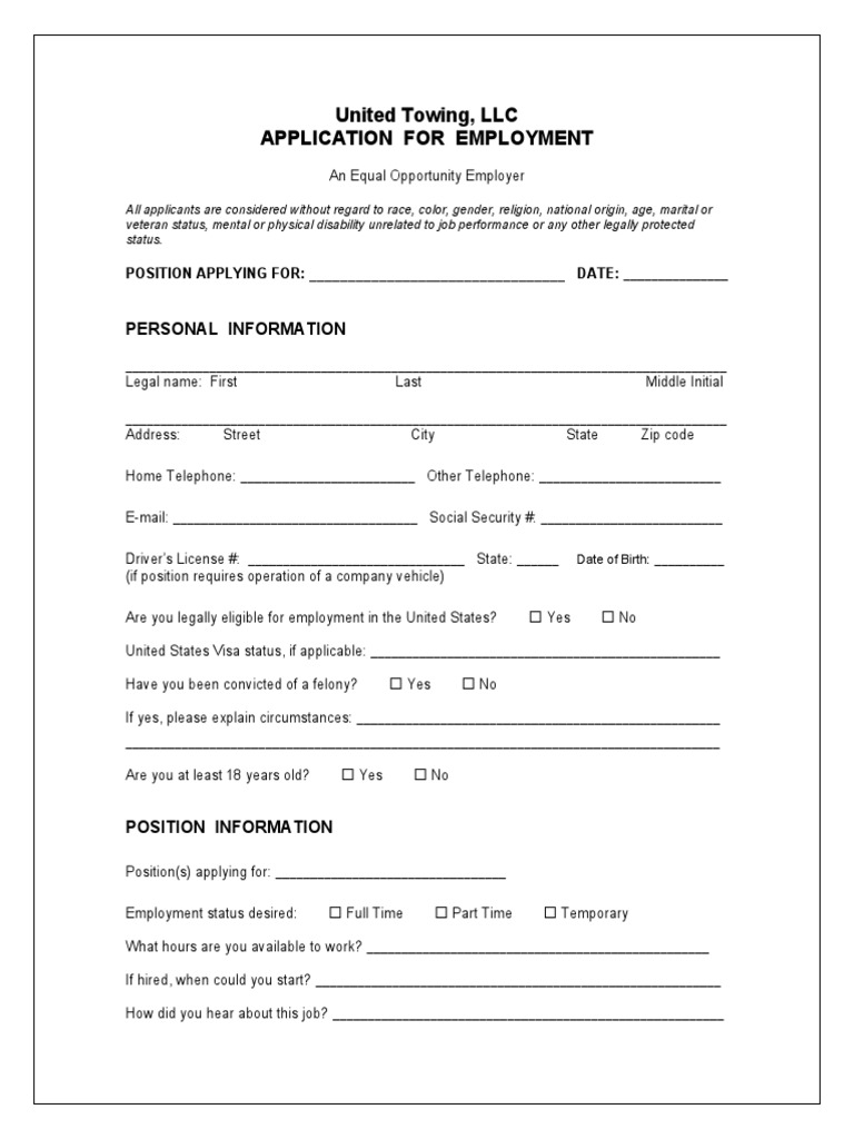 United Towing, LLC Application For Employment | PDF | Employment ...