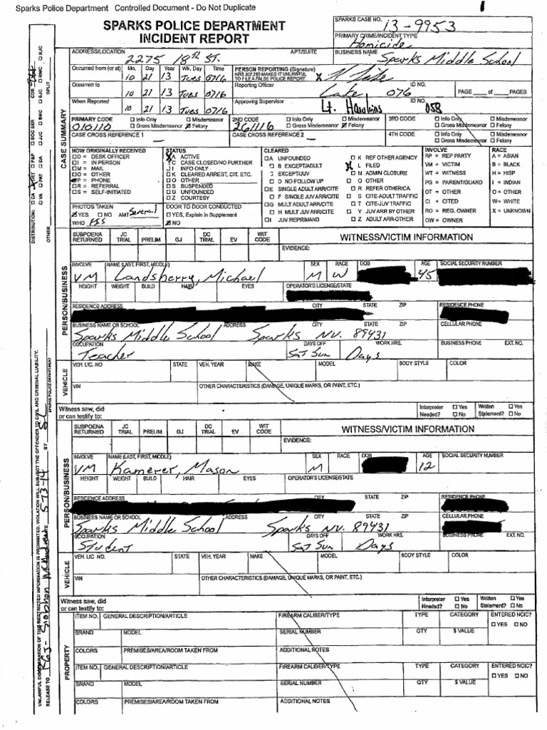 Sparks Police Department Incident Report - Sparks Middle School ...