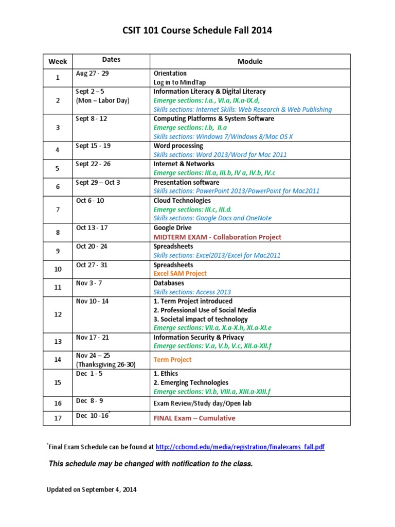 Csit 101 Schedule With Content | PDF | Computers