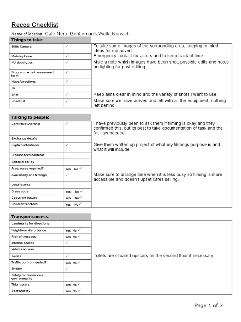 Recce Checklist (Cafe Nero) | PDF | Business