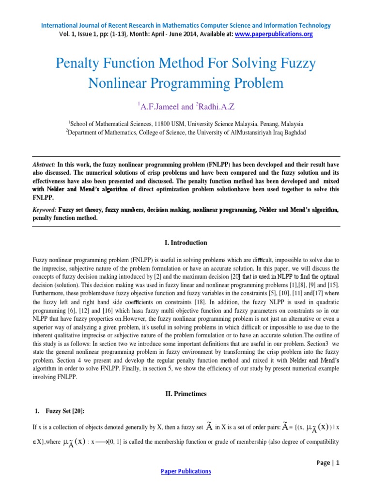 Penalty Function Method For Solving Fuzzy Nonlinear Programming Problem-33 PDF | PDF | Nonlinear ...