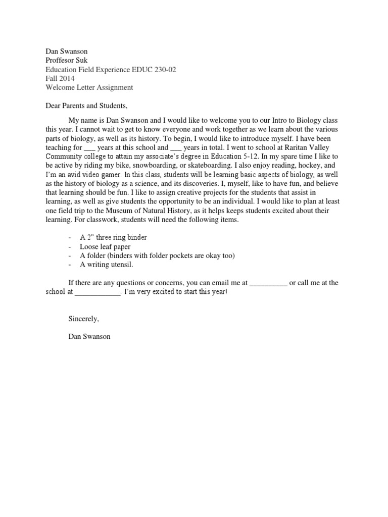 Welcome Letter | PDF | Language Arts & Discipline