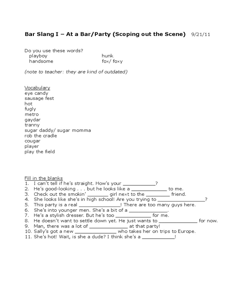 Bar Slang I - at A Bar/Party (Scoping Out The Scene) : (Note To Teacher ...