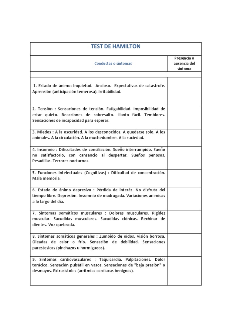 Test de Hamilton | PDF | Depresión (estado de ánimo) | Síntomas y signos
