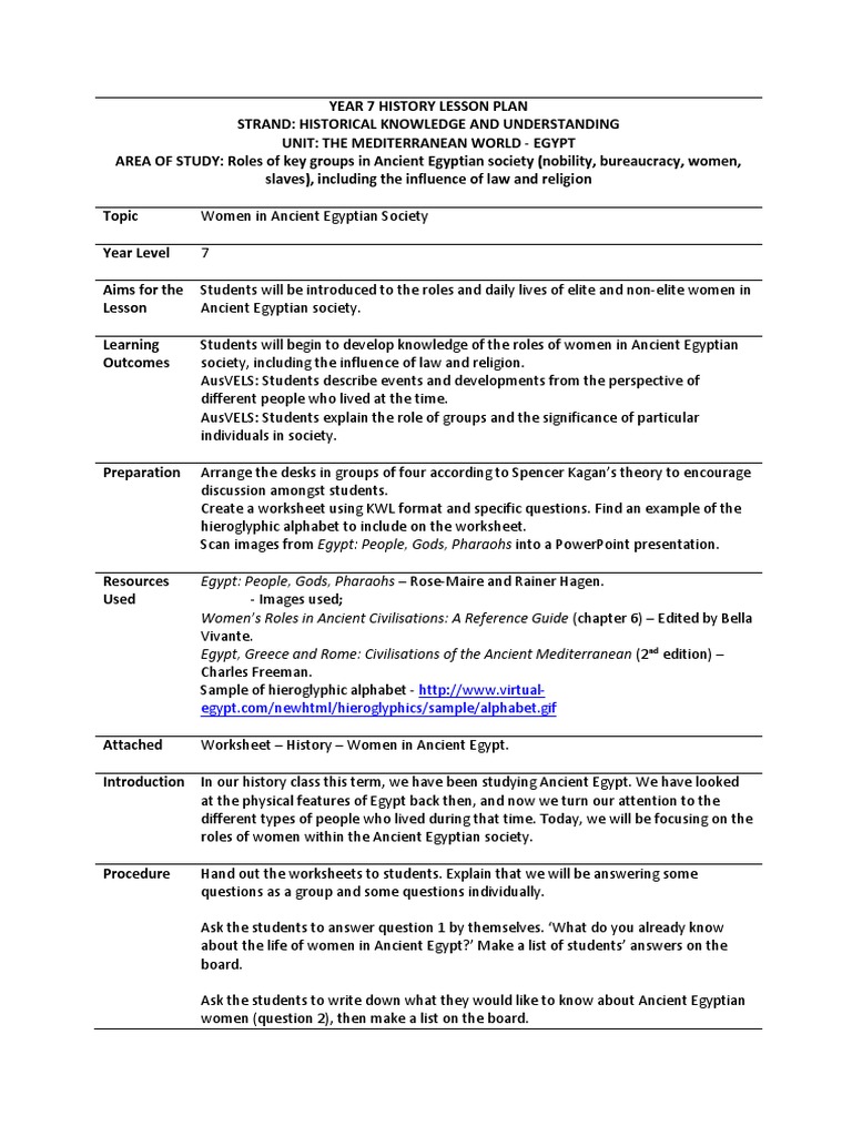 3 5 2 Teaching Humanities - Microteaching Lesson Plan and Worksheet - Women in Ancient Egypt ...