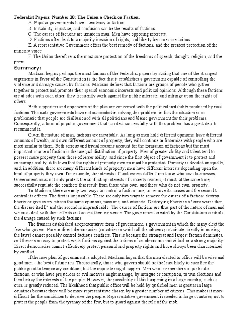 Federalist 10 Summary | James Madison | Property