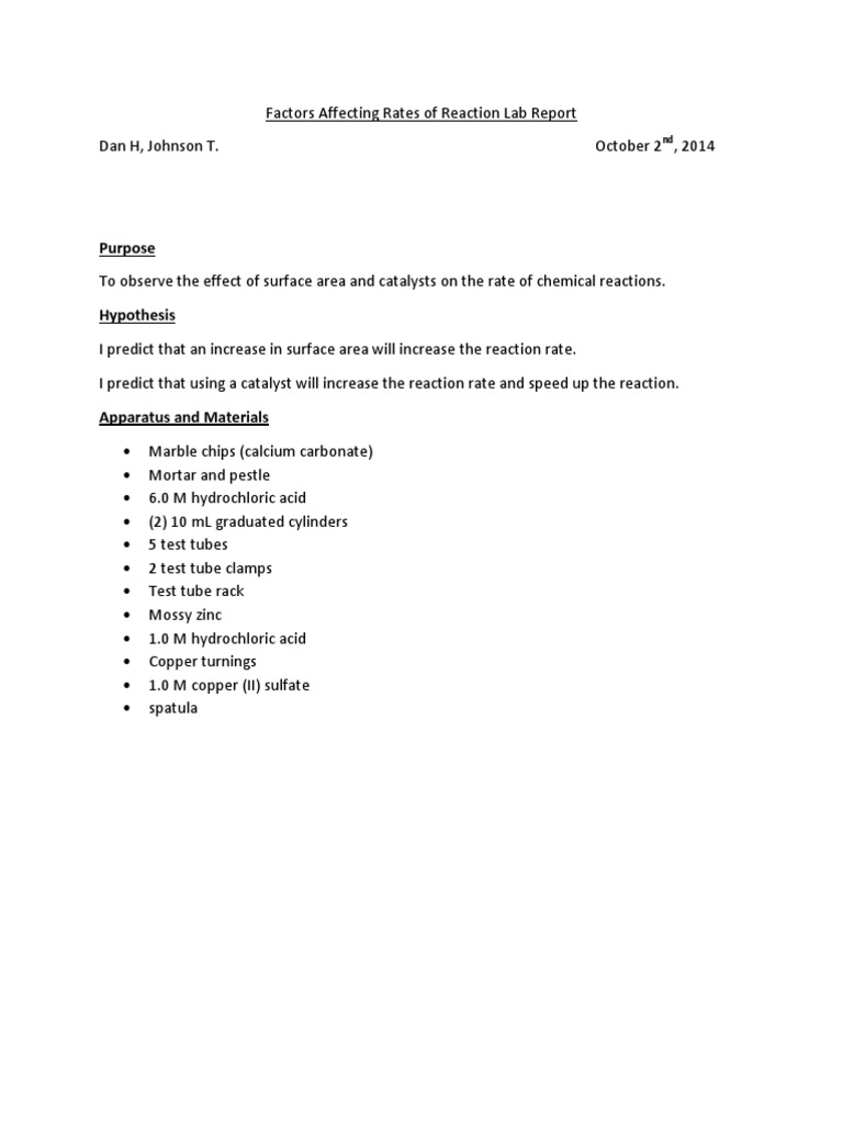 Factors Affecting Rates of Reaction Lab Report | PDF | Chemical ...