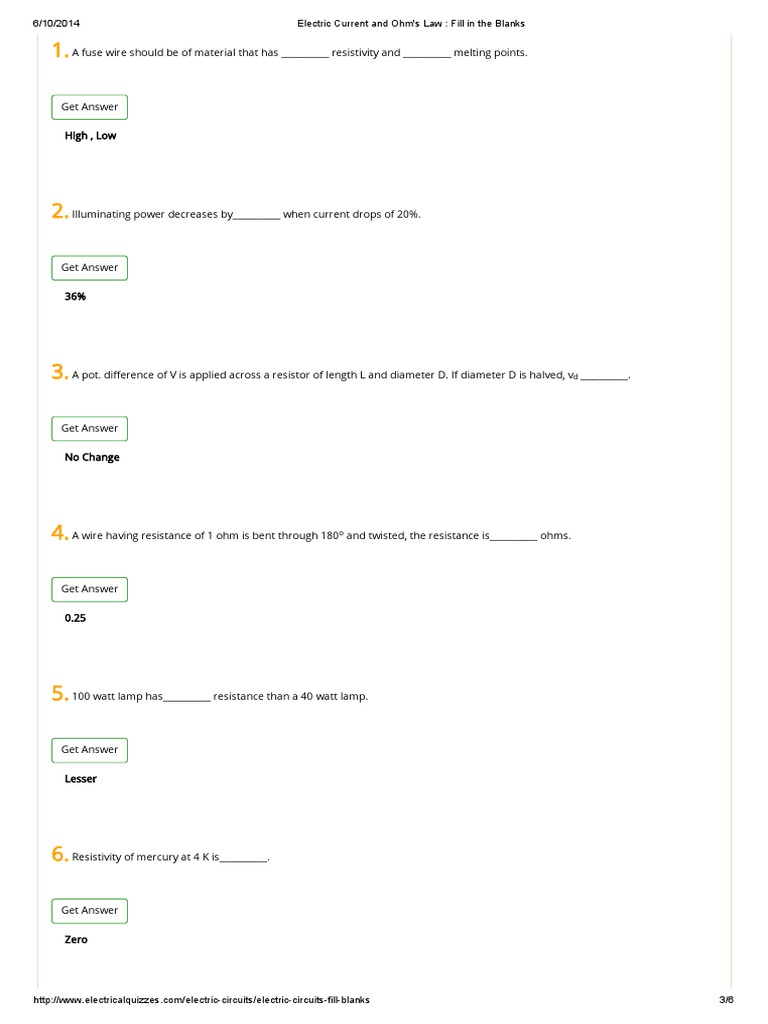 Ohm's Law: Fill in the Blanks Quiz | PDF | Teaching Methods & Materials ...