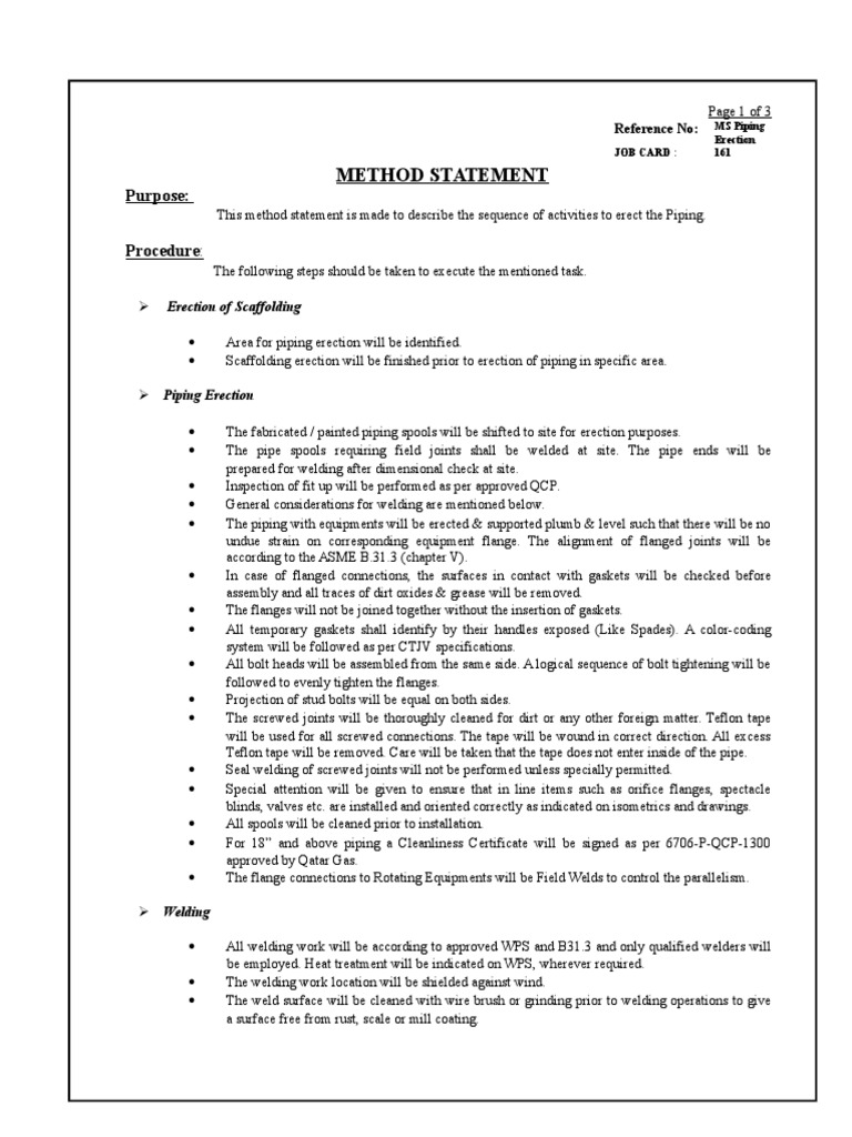001-Sample Method Statement Piping Pre-Shutdown | PDF | Pipe (Fluid ...