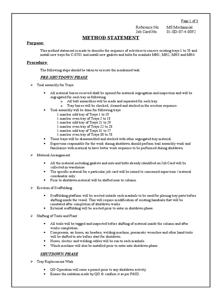 004-Sample Method Statement Mechanical Shutdown | Equipment ...