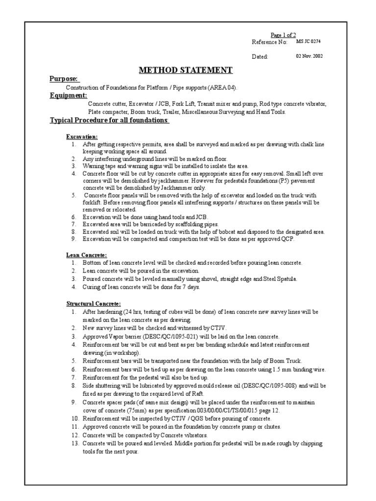 005-Sample Method Statement Civil | Art Materials | Architectural Elements