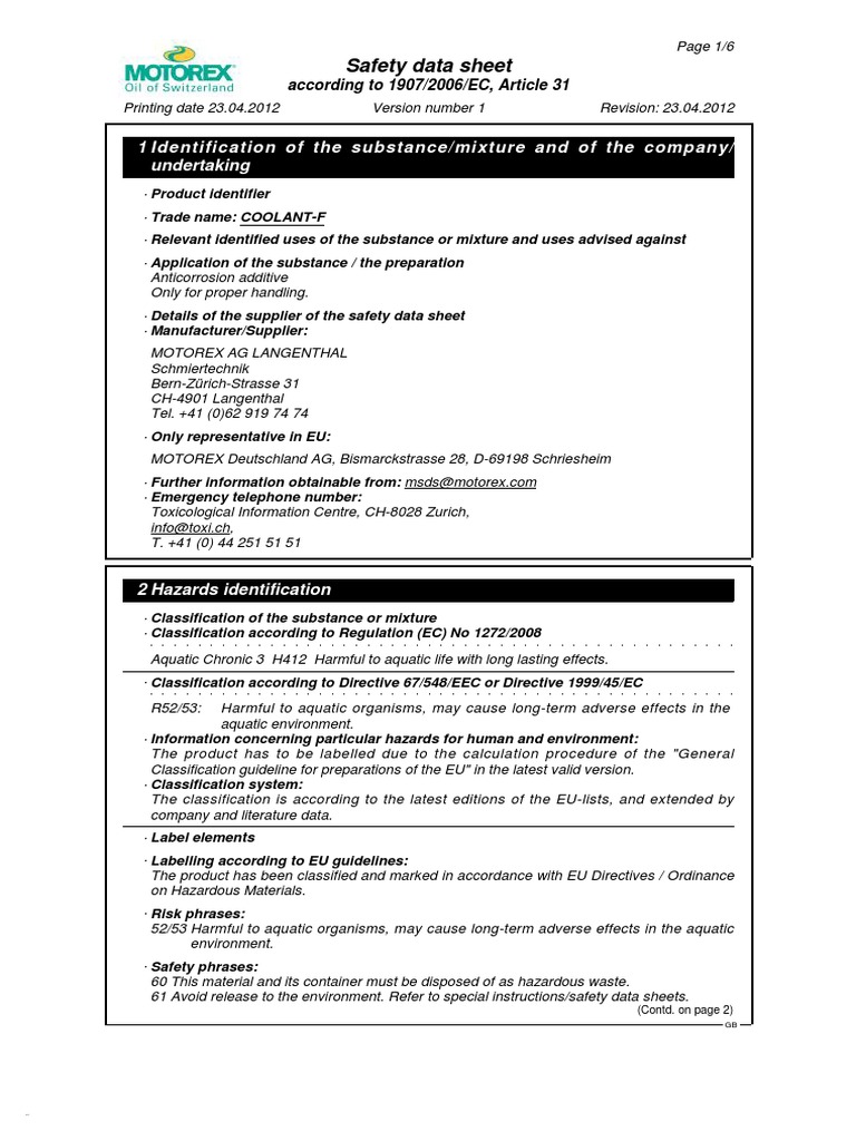COOLANT-F Safety Data Sheet | PDF | Toxicity | Water