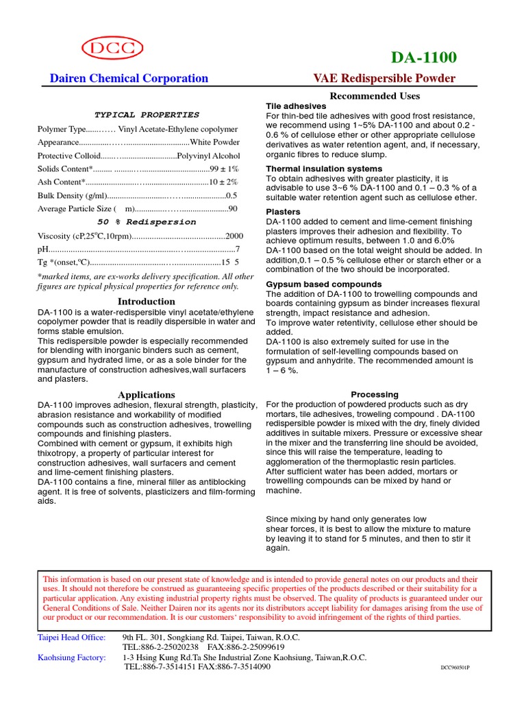 DA-1100 VAE Redispersible Powder Technical Data Sheet | PDF | Plaster ...