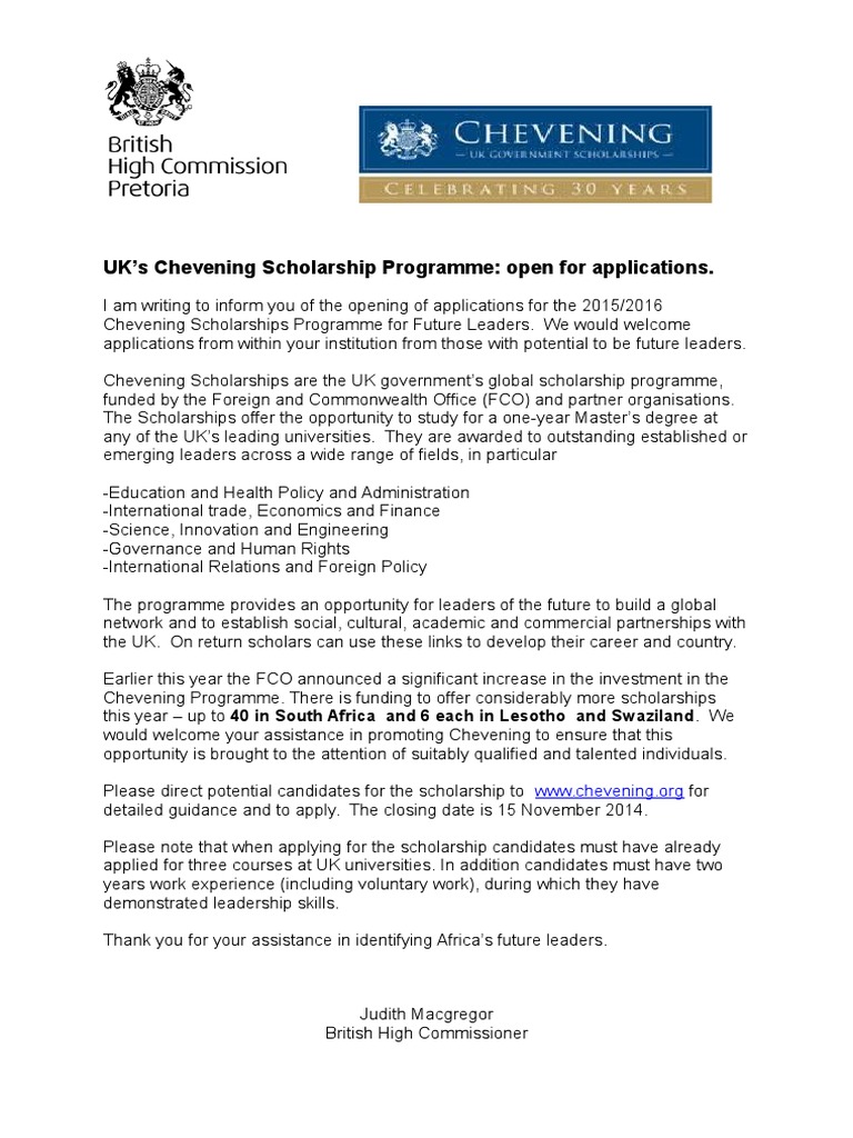 HC Chevening Letter To Promote Applications | PDF | Students ...