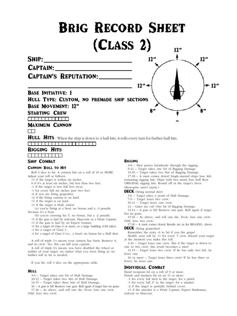 Brig Record Sheet (Class 2) : Ship: Captain: Captain S Reputation | PDF ...