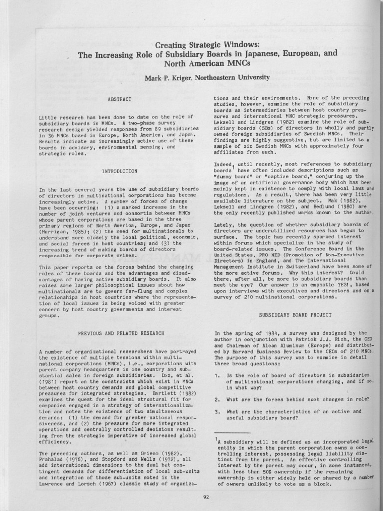 Creating Strategic Windows | PDF | Multinational Corporation | Subsidiary