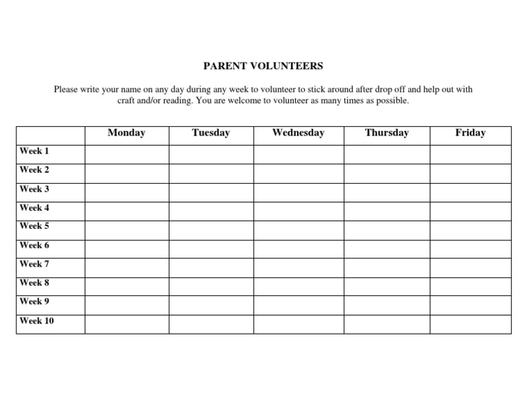 Parent Volunteer Sign-Up Sheet | PDF | Wellness