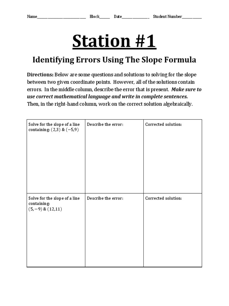 Station 1 - Identifying Errors Using The Slope Formula | PDF