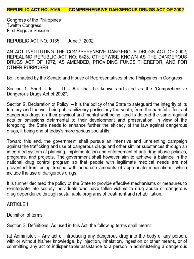 Republic Act No. 9165 Comprehensive Dangerous Drugs Act of 2002 | Narcotic | Cannabis