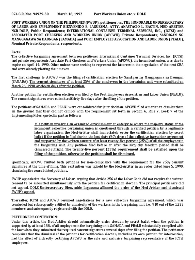 074 Port Workers Union Etc. v. DOLE | PDF | Collective Bargaining ...