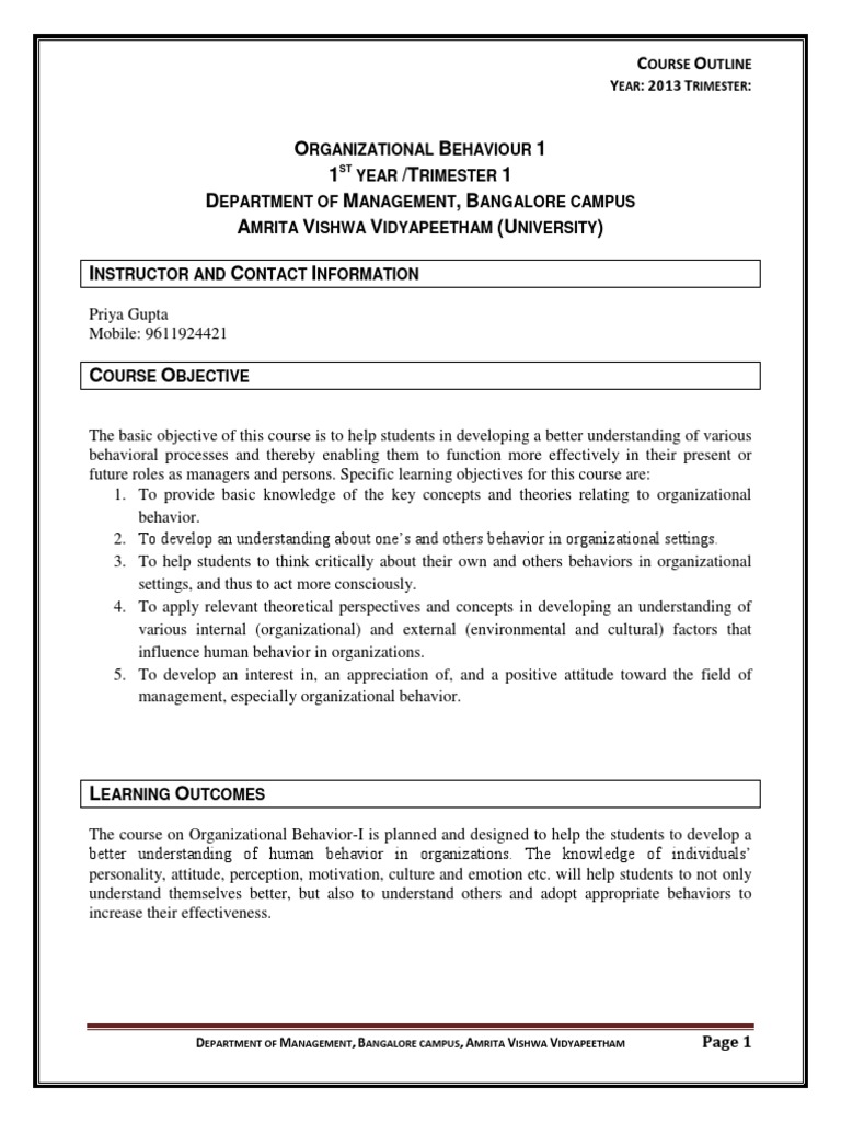 OB1 Course Outline 2013-2014 | PDF | Organizational Behavior | Attitude (Psychology)