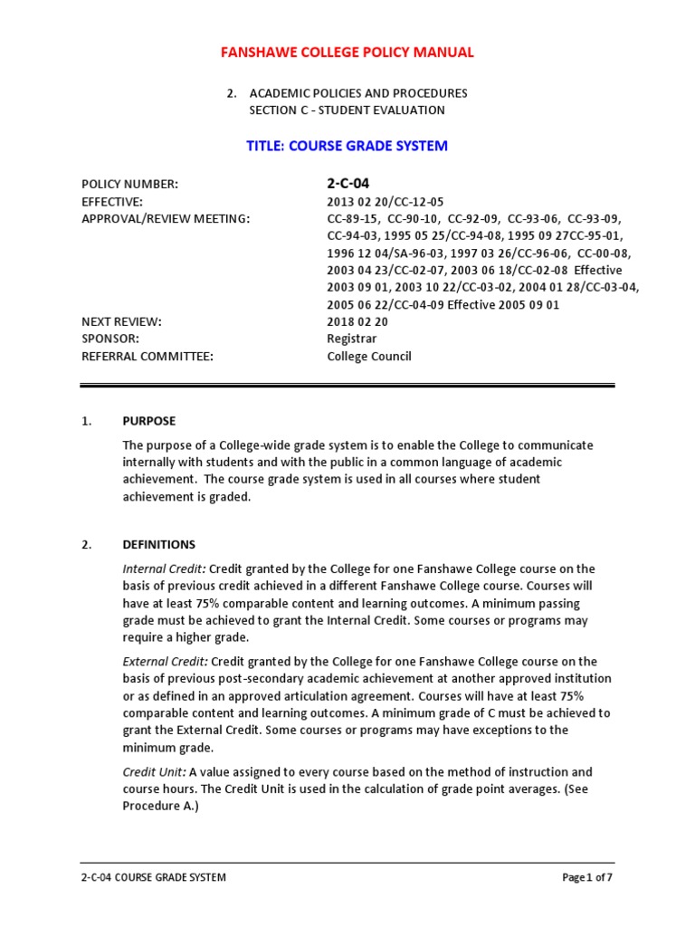 Fanshawe Grading Policy | PDF | Grading (Education) | Course Credit