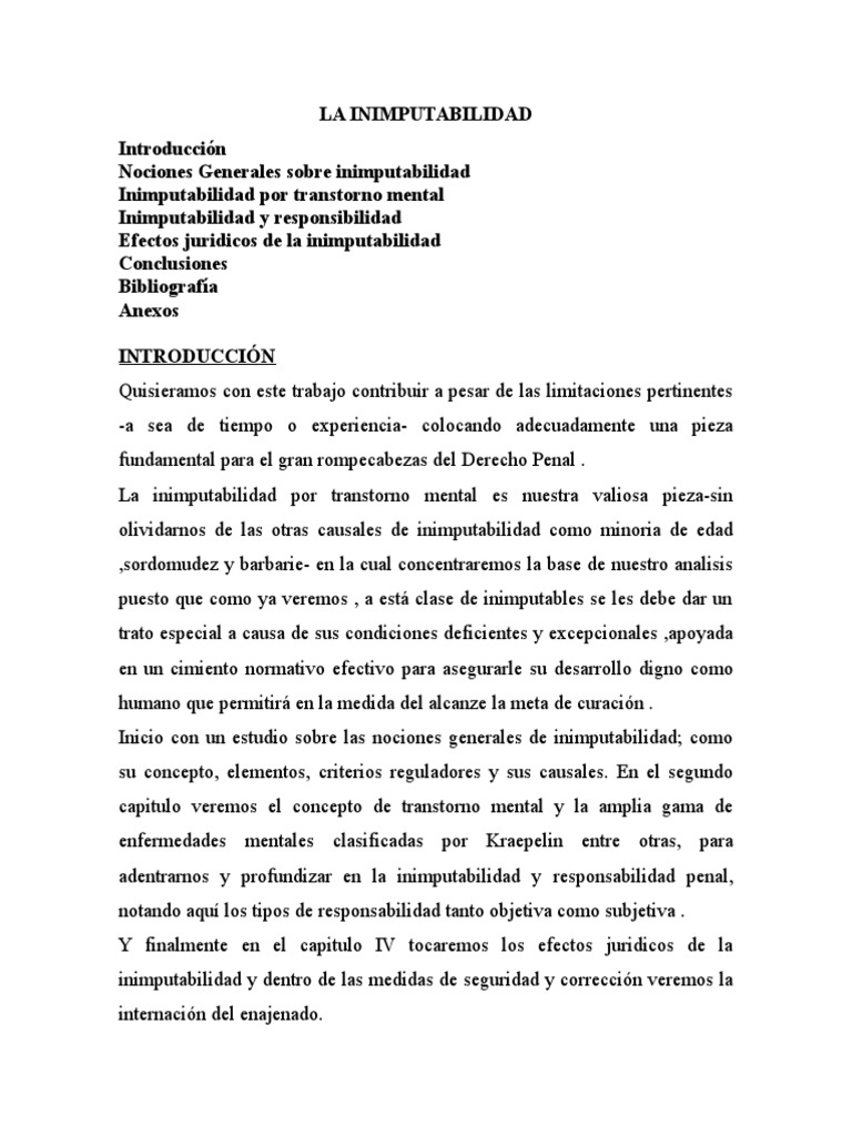 La Inimputabilidad | PDF | Delito | Derecho penal