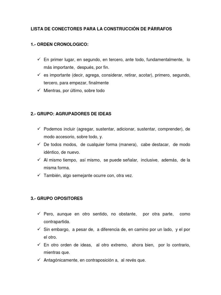 Lista de Conectores para La Construcción de Párrafos | PDF | Adverbio ...