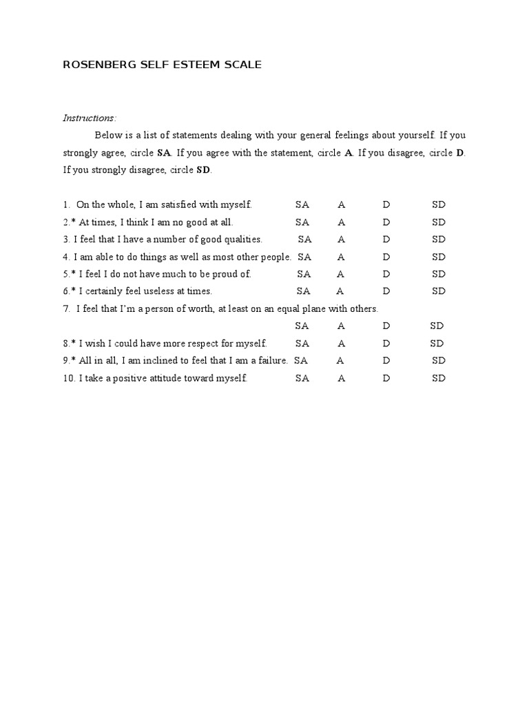 Rosenberg Self-Esteem Scale Questionnaire | PDF | Psychology ...