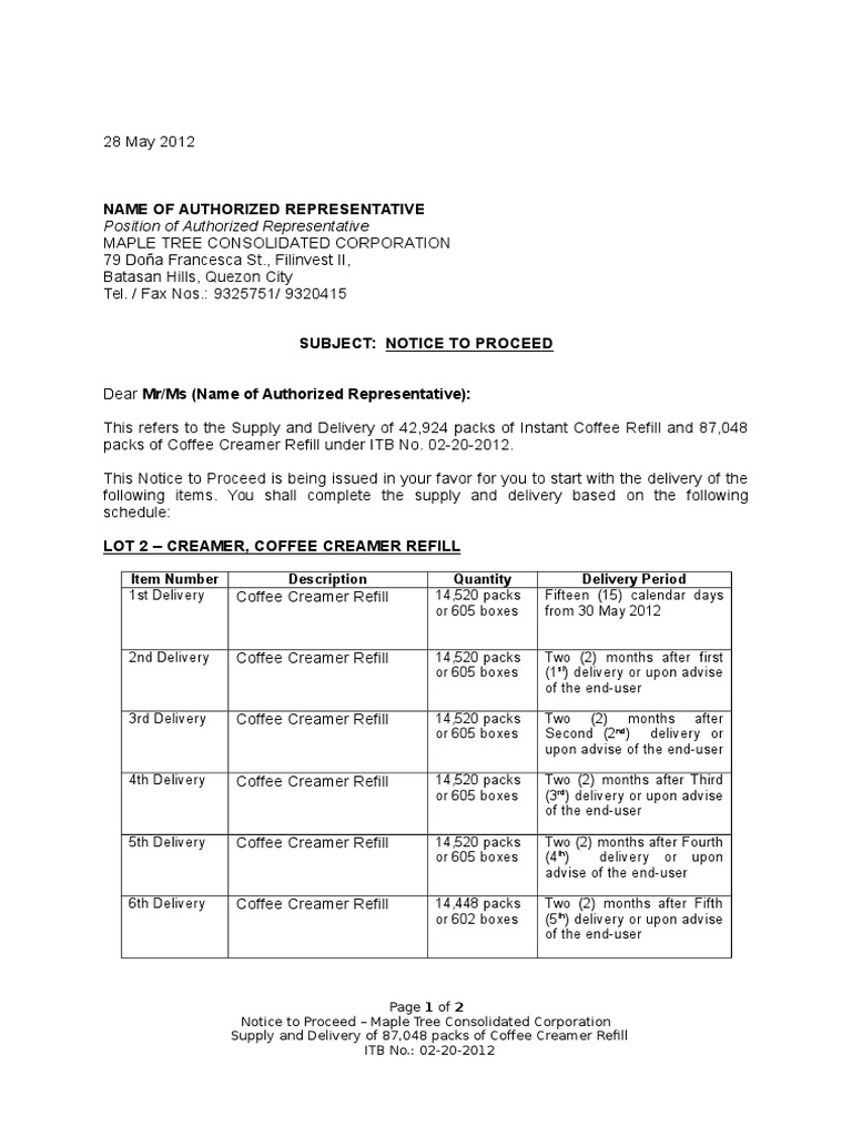Sample Notice To Proceed | PDF