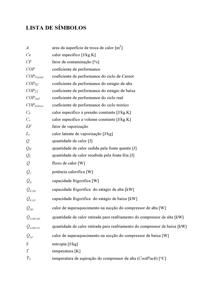 Lista de símbolos utilizados em cálculos de sistemas de refrigeração ...